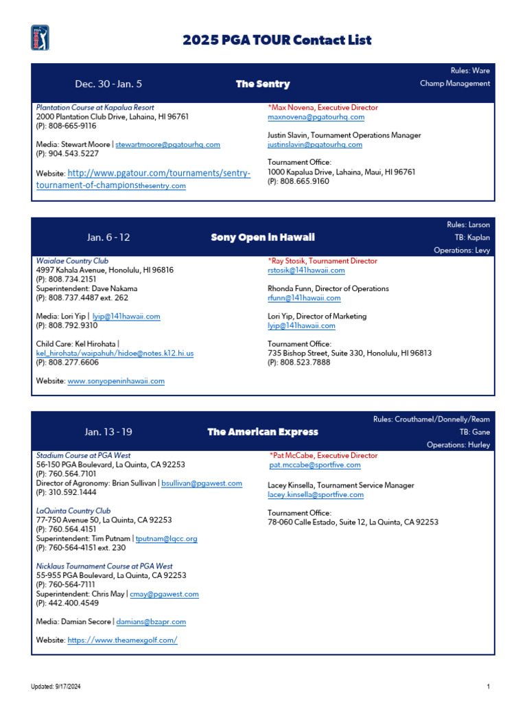 2025 PGA TOUR Season Contact List 9.17.24 | PDF | Jack Nicklaus | Pga ...