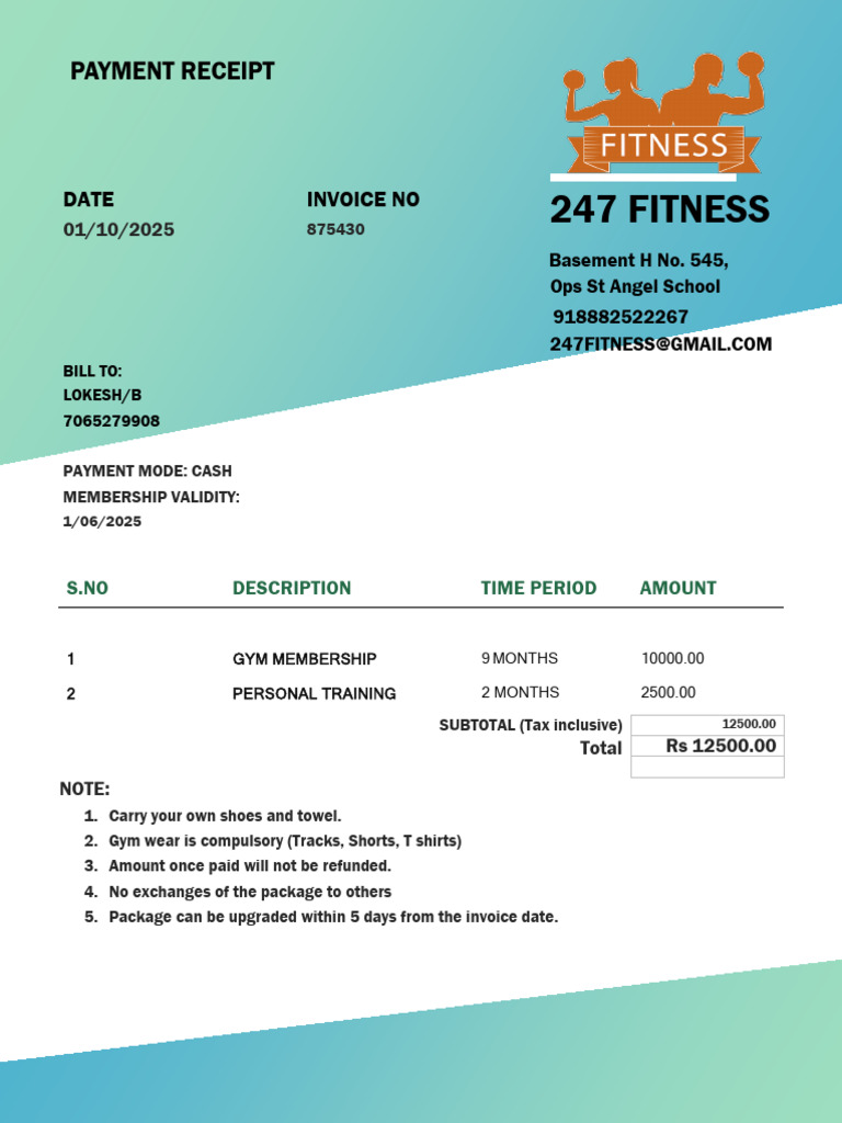 Gym Receipt Lokesh | PDF