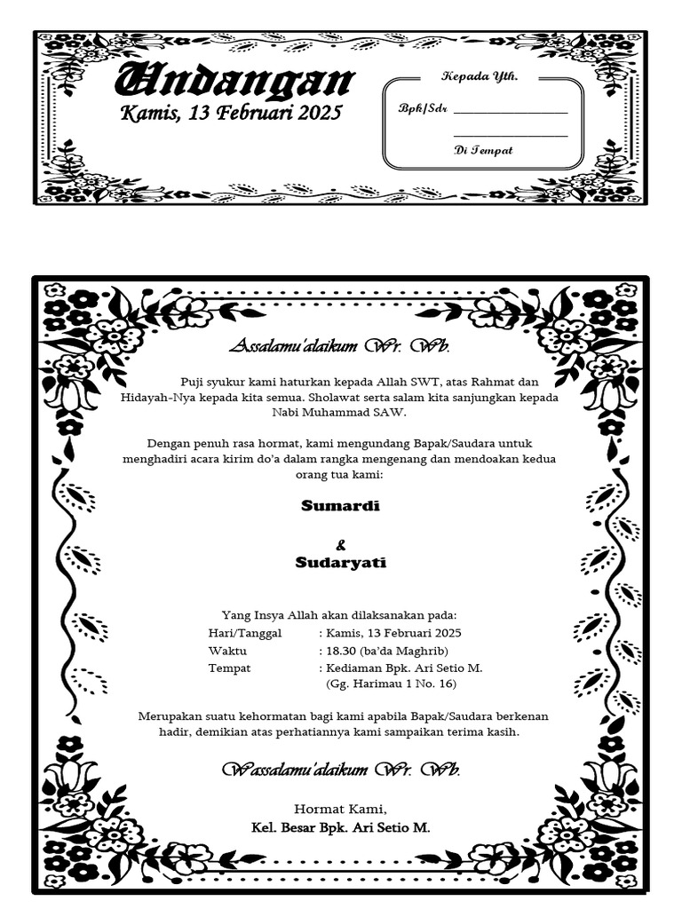 Undangan Kirim Doa Tahlil Orang Tua | PDF