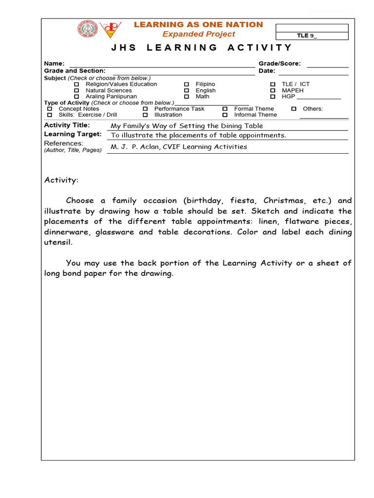 TLE 9 LAS 10 My Family - S Way of Setting The Dining Table | PDF | Tableware