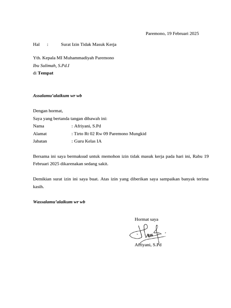 Surat_Ijin_Tidak_Masuk_Kerja | PDF