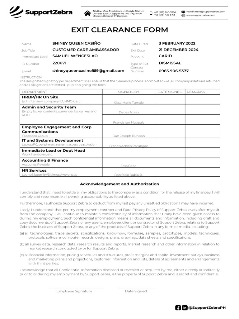 Exit Clearance Form - Casiño | PDF