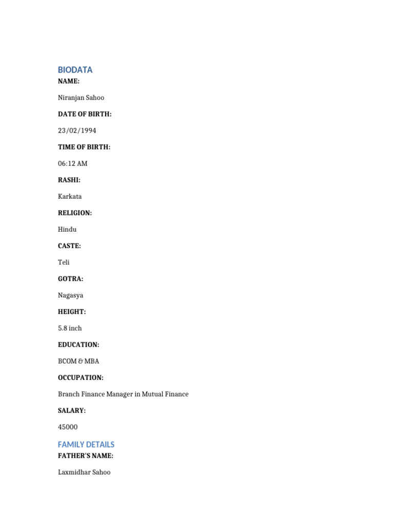 Niranjan Sahoo Biodata | PDF