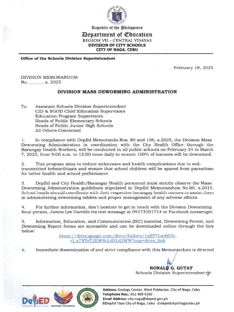 Division Memo 2025 105 - Division Mass Deworming Administration | PDF