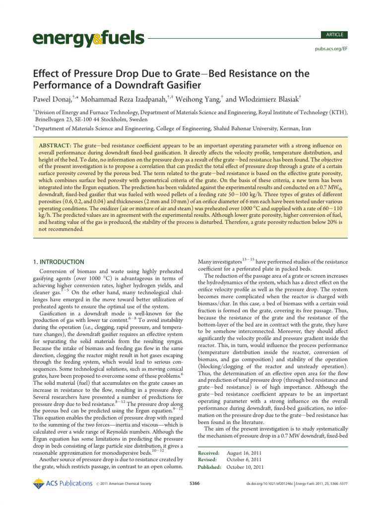 Effect of Pressure Drop Due to Grate–Bed Resistance on the Performance of a Downdraft Gasifier ...
