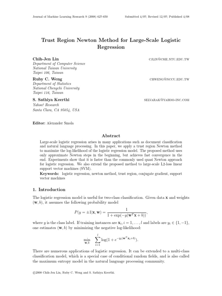 Trust Region Newton Method for Large-Scale Logistic Regression | PDF | Support Vector Machine ...