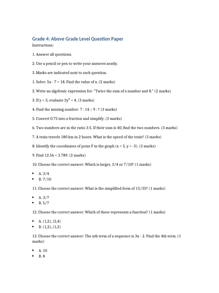 Grade 4 Above Level Question Paper | PDF