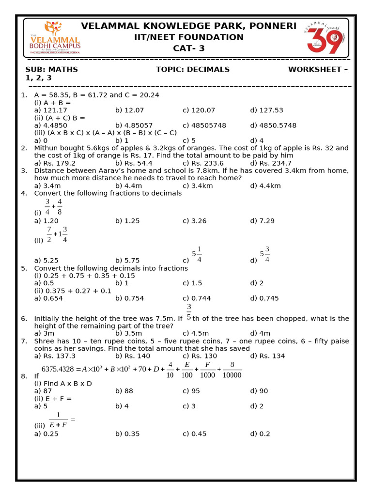 Decimals Worksheet for IIT/NEET Prep | PDF | Arithmetic | Numbers