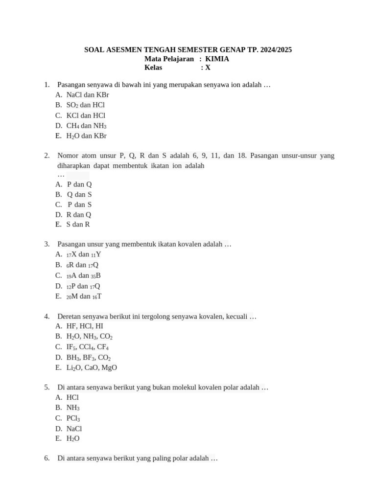 Soal Kimia-X (Tengah Sem. Genap 2025) | PDF