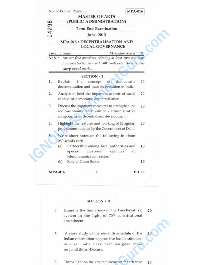MPA-016 June 2010-June 2024 12-11-24 | PDF | Forms Of Government | Government Of India