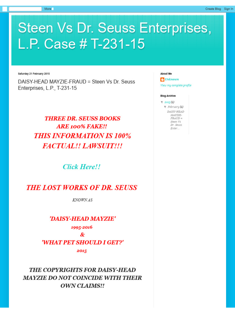 Steen Vs Dr. Seuss Enterprises, L.P. Case # T-231-15 - DAISY-HEAD MAYZIE-FRAUD Steen Vs Dr ...