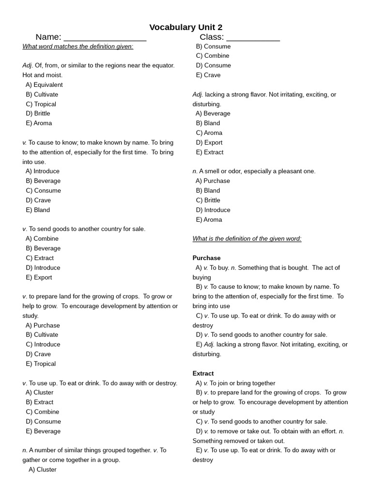 Vocabulary Unit 2 Assessment | PDF | Drink | Odor