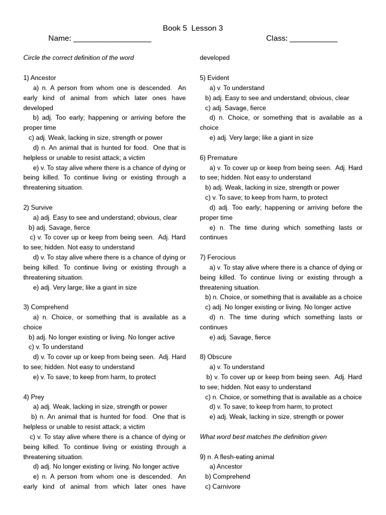 Wordly Wise Book 5 Lesson 3 Test | PDF | Zoology