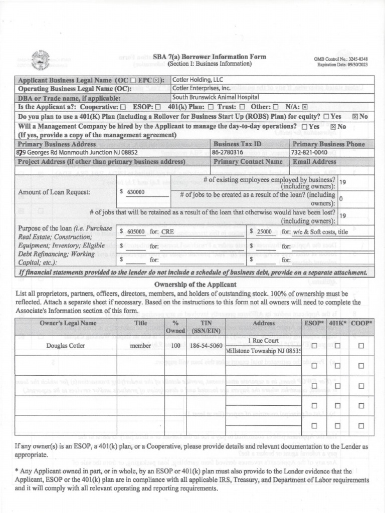1919 SBA 7 (A) Borrower Information Form Cotler Holding, LLC | PDF
