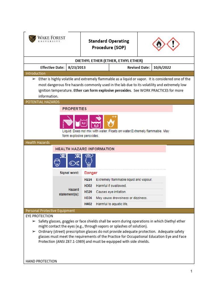 Diethyl Ether Safety SOP Guide | PDF | Personal Protective Equipment | Occupational Safety And ...