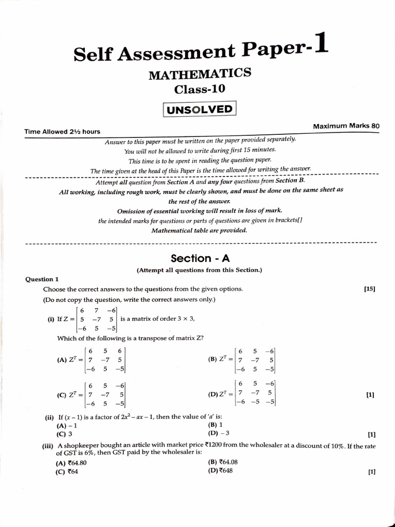 Class 10 Math Self-Assessment | PDF | Algebra | Mathematics