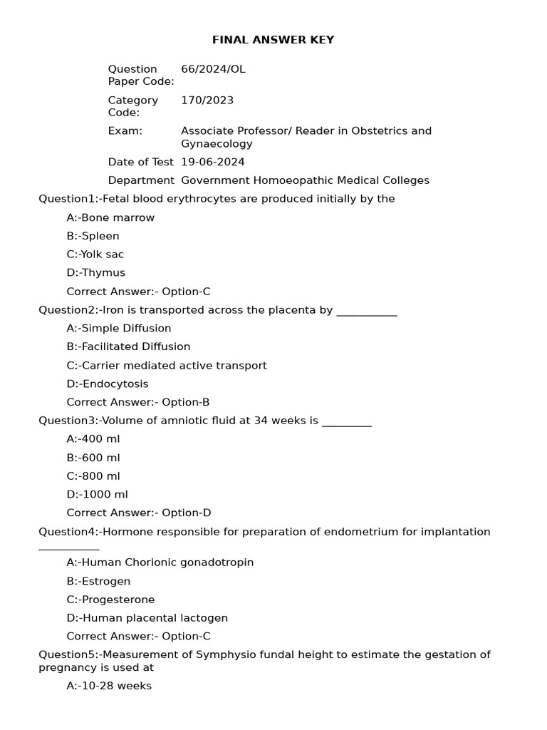 Final key Asso prof Obstetrics and Gynaecology | PDF | Childbirth | Pregnancy