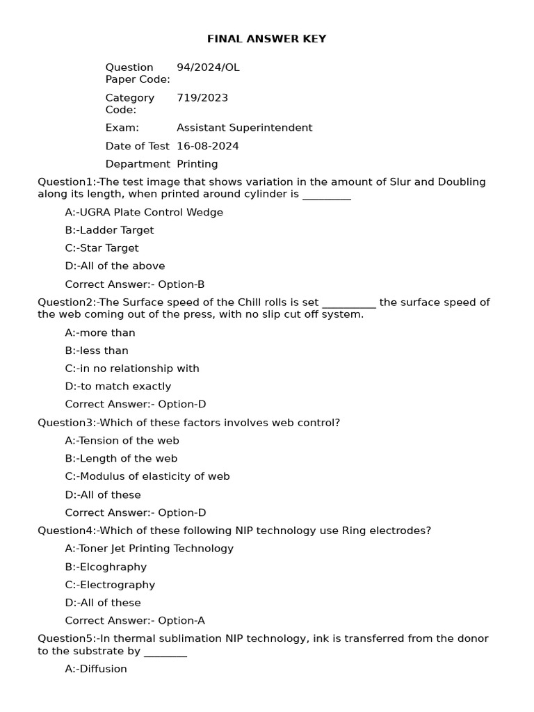 FINAL KEY Assit SUPERINTENDENT | PDF