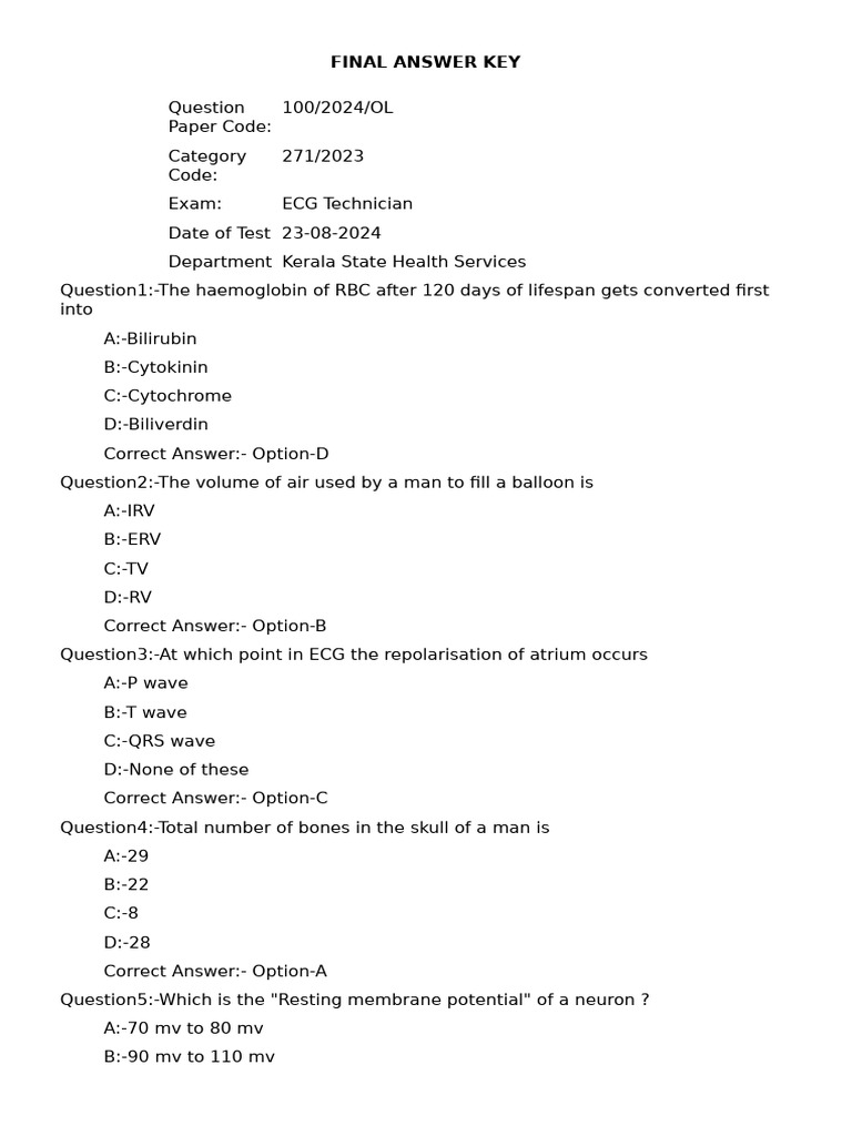 Final Key ECG TECHNICIAN GR II | PDF | Heart | Ventricle (Heart)