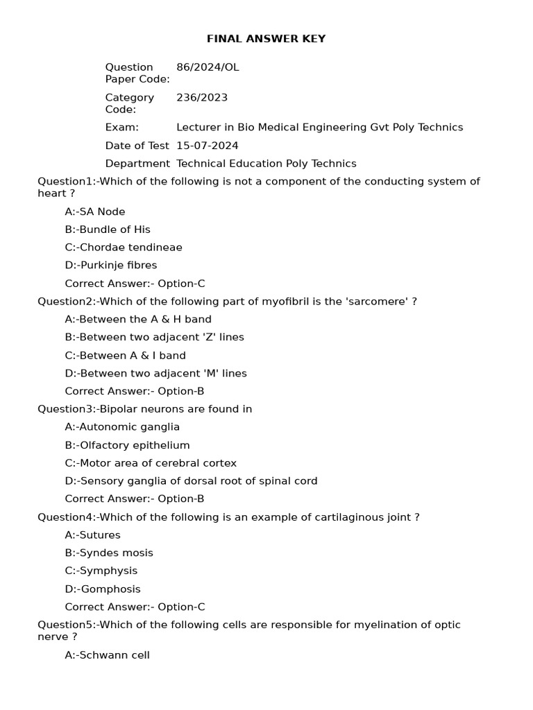 Biomedical Engineering Exam Answer Key | PDF | Filter (Signal Processing) | Bipolar Junction ...