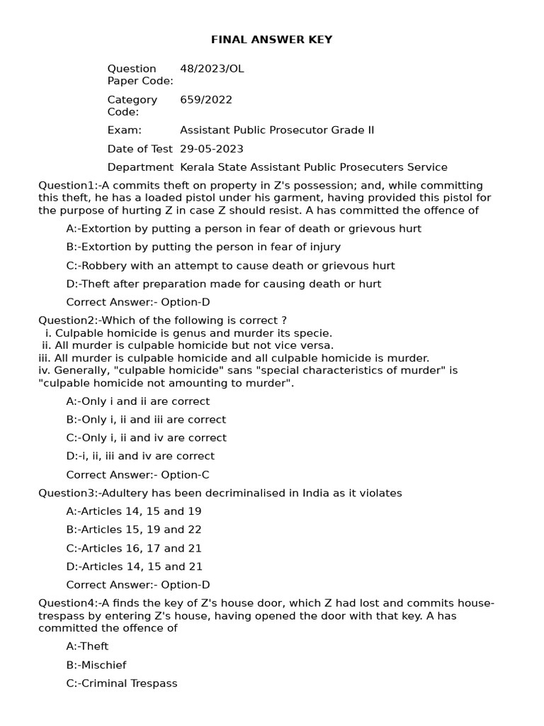 Prosecutor Exam Answer Key | PDF | Criminal Procedure In South Africa ...