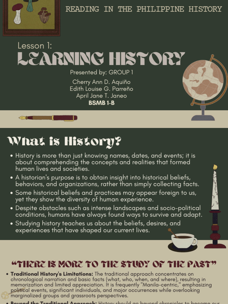 Lesson 1 Learning History GROUP 1 BSMB 1 B | PDF | Historian | Cognition