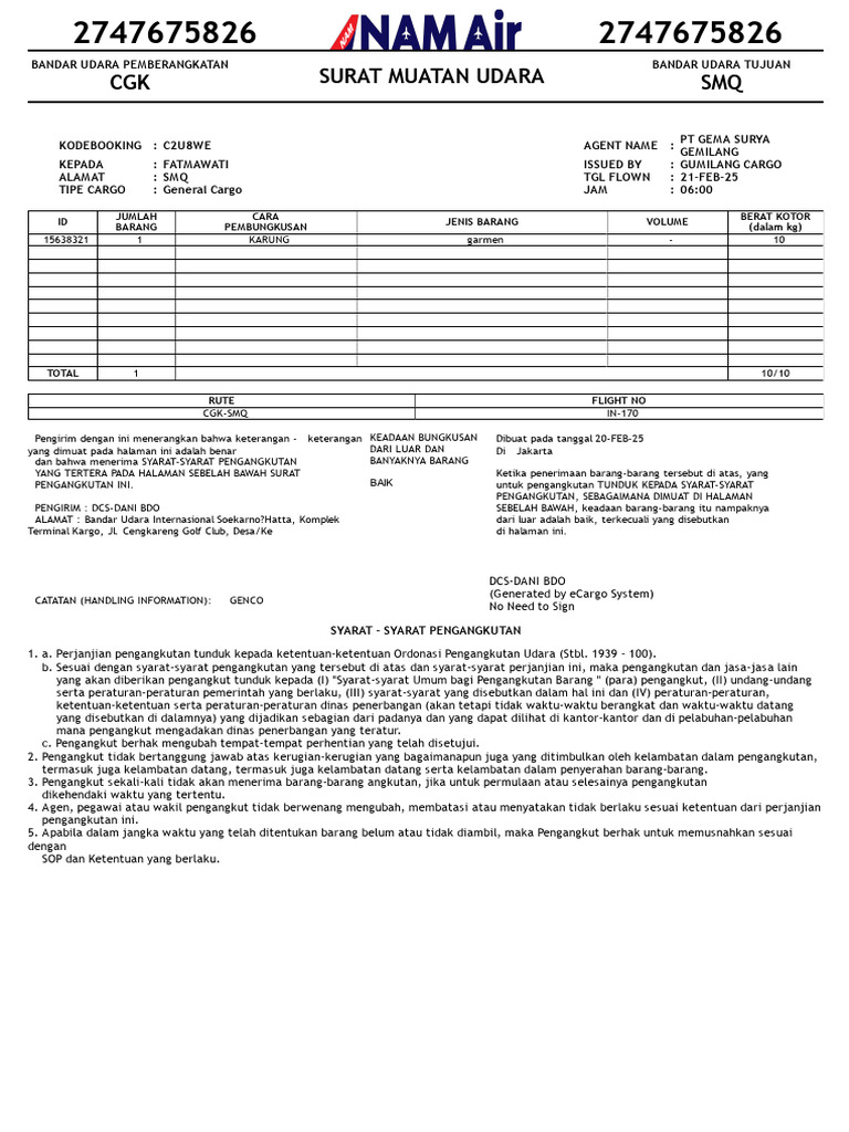 CGK Surat Muatan Udara SMQ: Kodebooking C2U8WE | PDF
