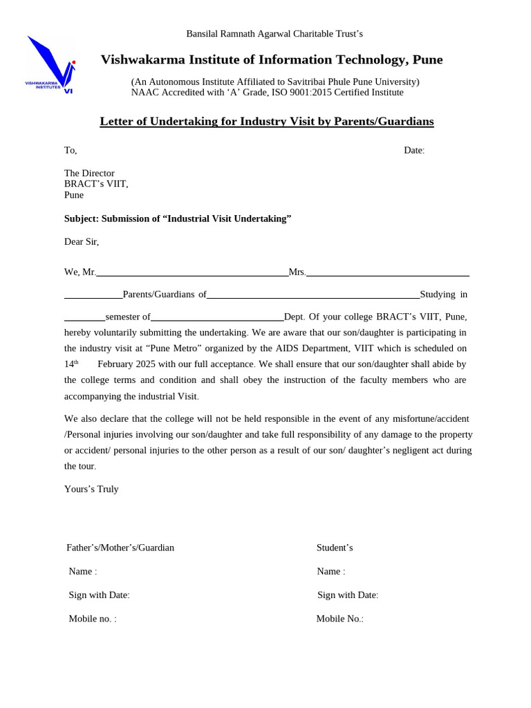 Industrial Visit Consent Form SI | PDF