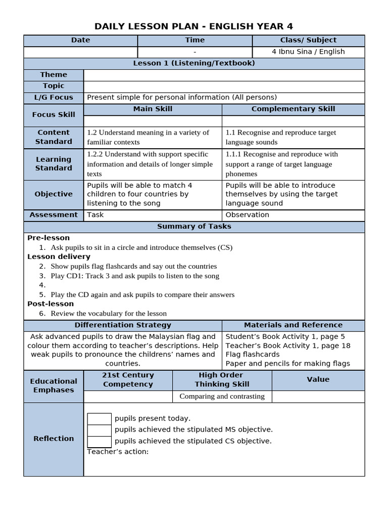 RPH Year 4 LP (Editable Template) | PDF | Lesson Plan | English Language