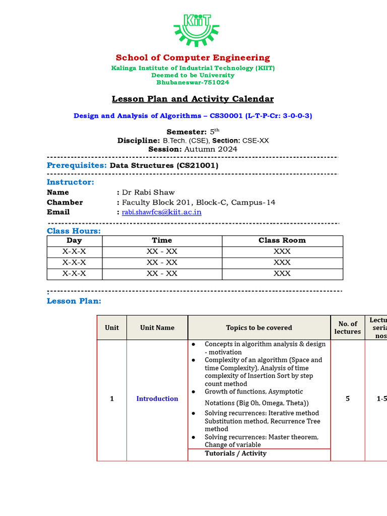 Autumn 2024 CS30001 DAA Complete Lesson Plan - Section CSE-XX | PDF | Computational Complexity ...