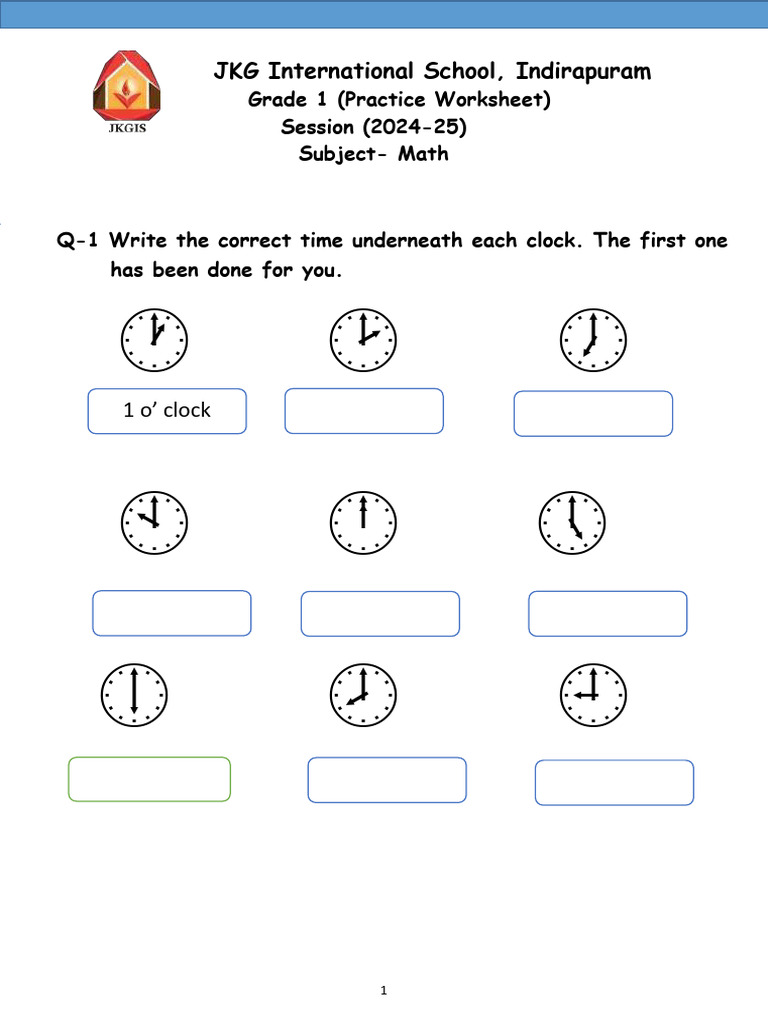 Grade 1 Math Practice Worksheet 2024-25 | PDF