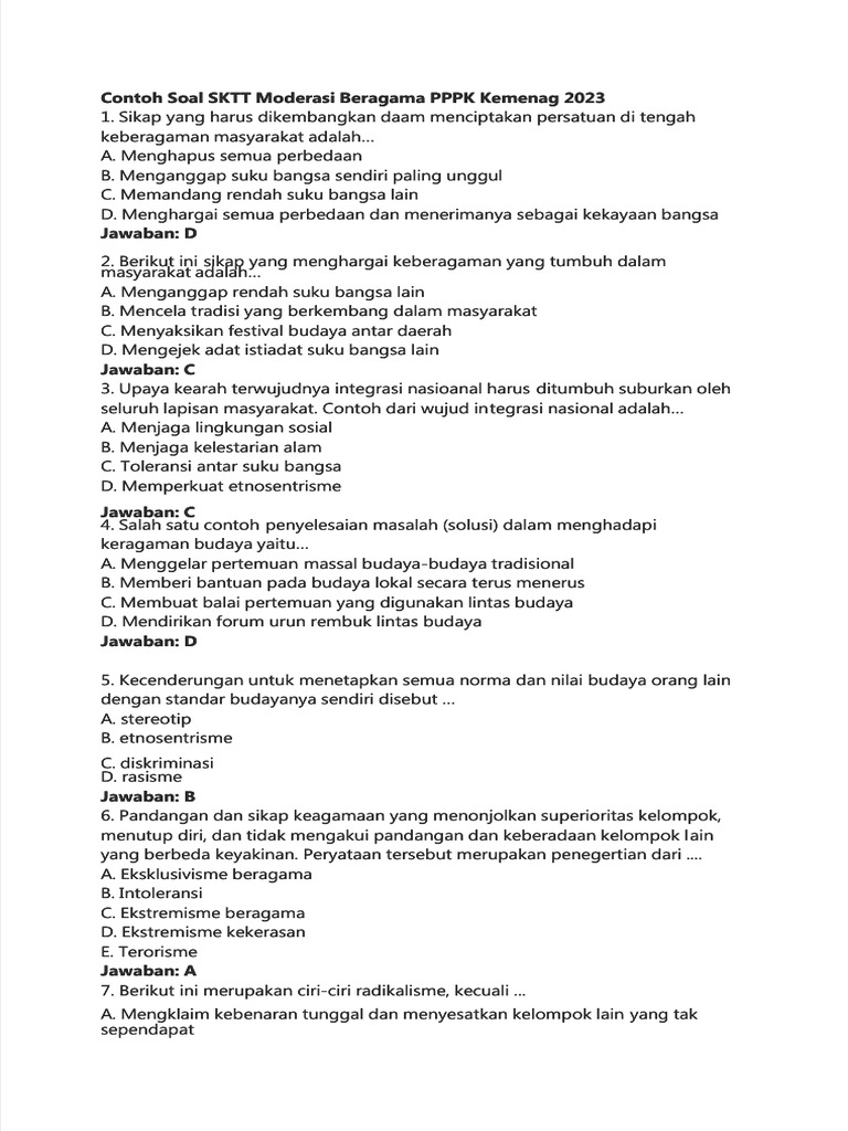 PDF Contoh Soal SKTT Moderasi Beragama PPPK Kemenag 2023 - Compress | PDF