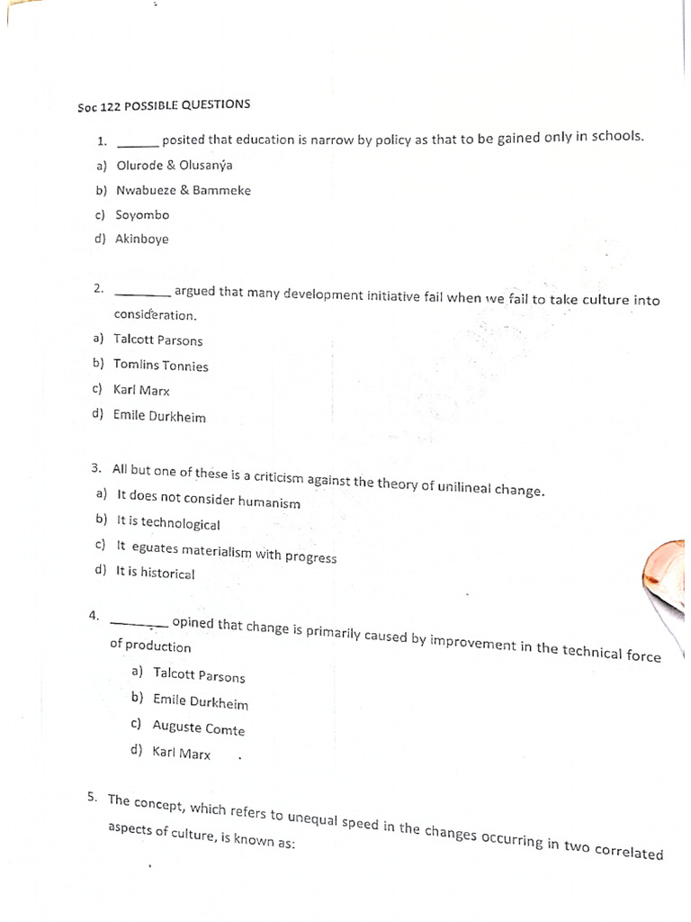 Soc 122 Past Question | PDF