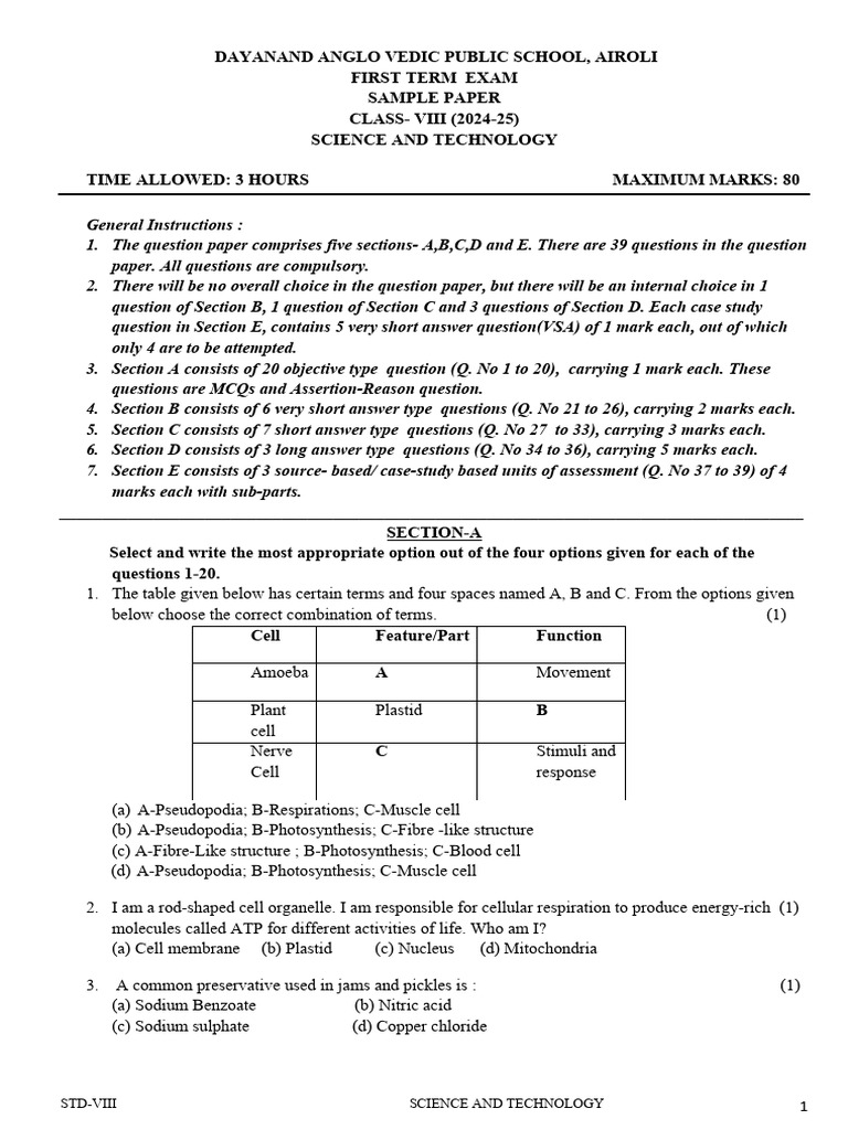 G4H - STD 8th - Science First Term Sample Paper | PDF | Sound | Friction