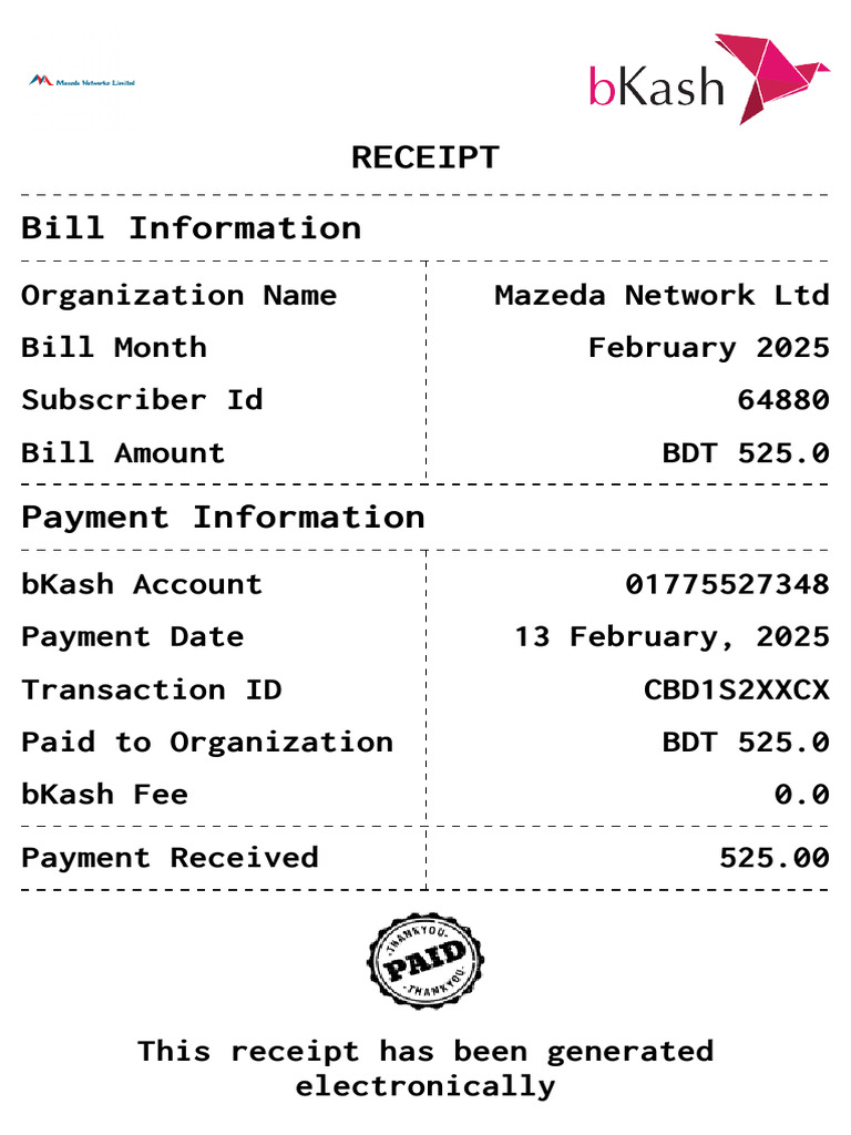 February 2025 Mazeda Network Receipt | PDF