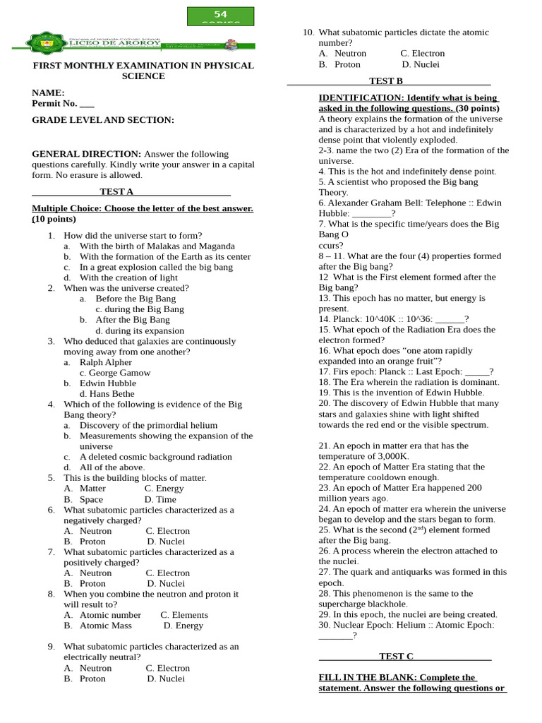 Physical Science Monthly Exam Guide | PDF | Universe | Big Bang