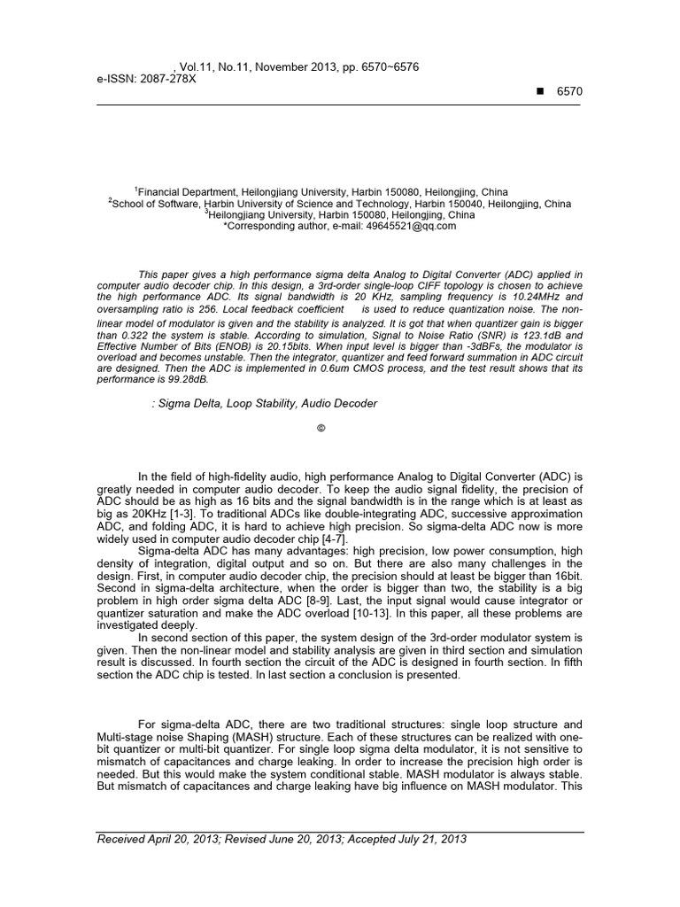 A High Performance Sigma-Delta ADC For Audio Decod | PDF | Analog To ...