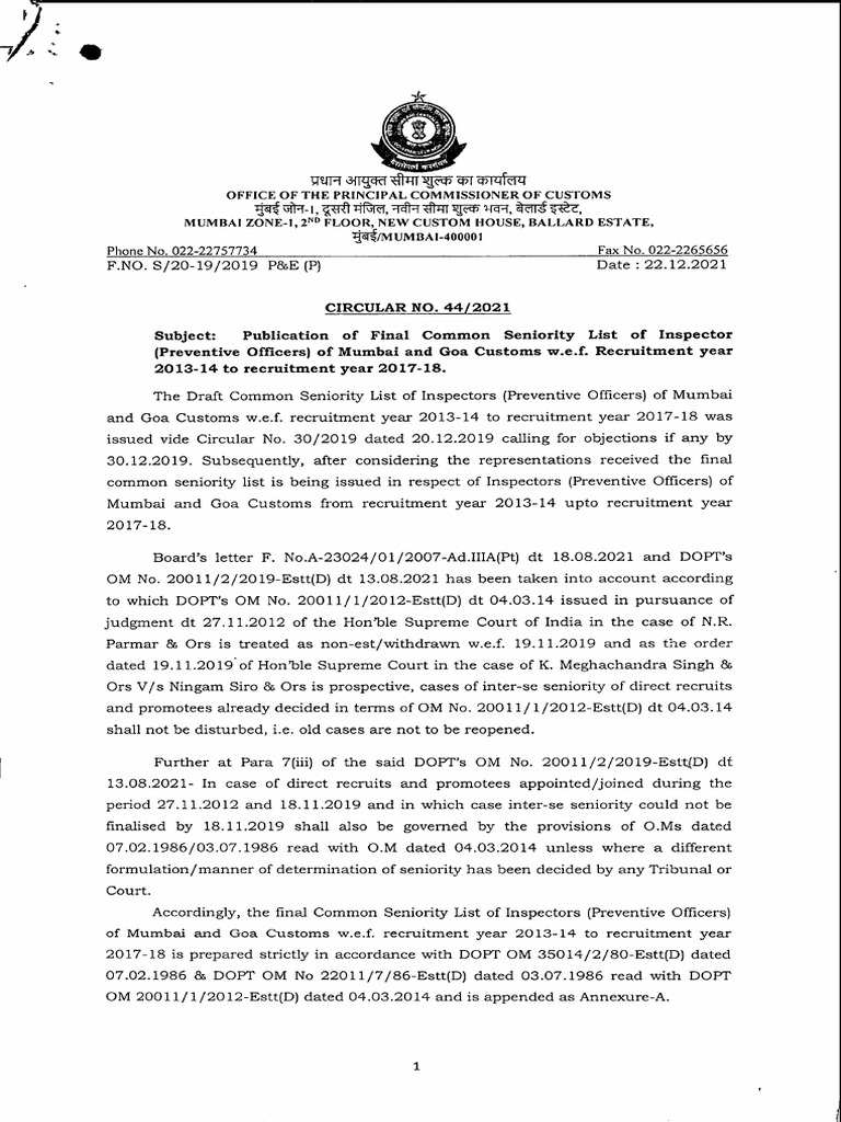 Seniority List PO 2021 | PDF