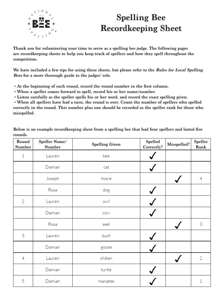 Spelling Bee Recordkeeping Sheet | PDF