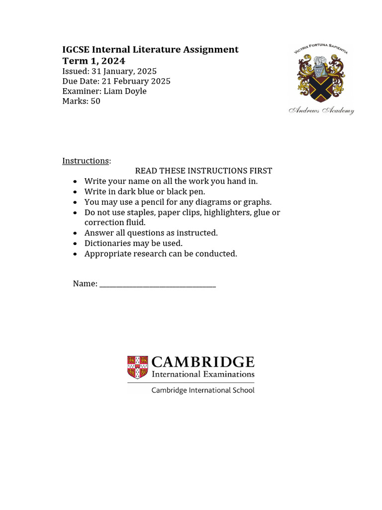 IGCSE INTERNAL Literature ANTONY AND CLEOPATRA Assignment Term 1 2025 | PDF