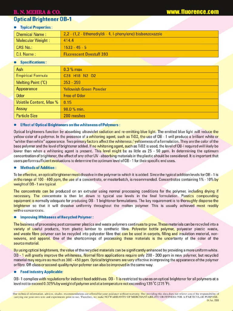 A-0500 Optical Brightener OB-1 Mehra&Co-EN | PDF