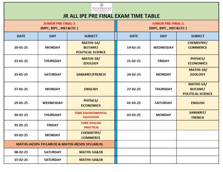 JR All Ipe Pre Final-I&ii Exam Time Table | PDF