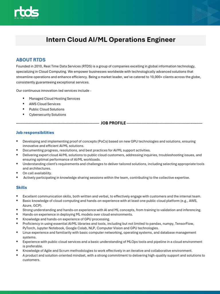 JD - Intern Cloud AIML Operations Engineer - RTDS | PDF | Cloud ...