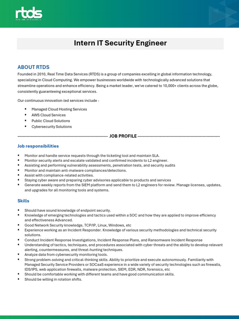 JD - Intern IT Security Engineer - RTDS | PDF | Computer Security ...