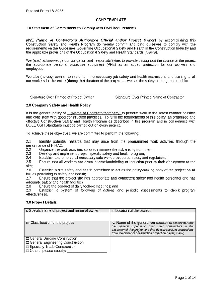 CSHP Template (Comprehensive) | PDF | Occupational Safety And Health ...