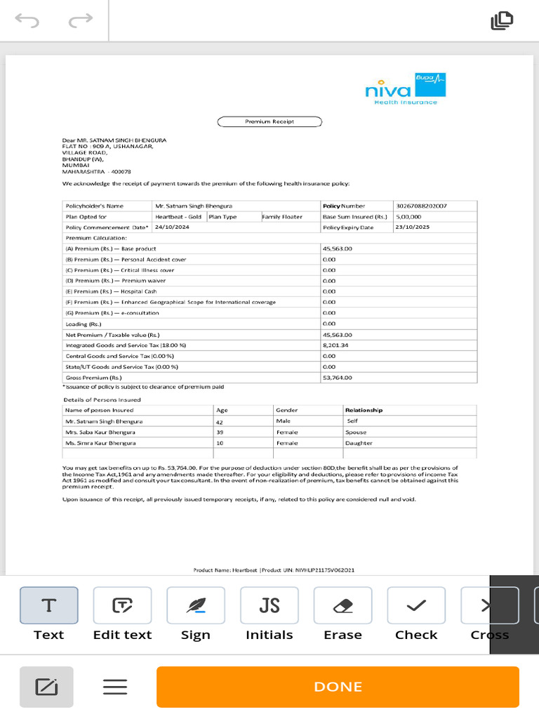 PDFfiller - Max Bupa Receipt Self 23 PDF | PDF