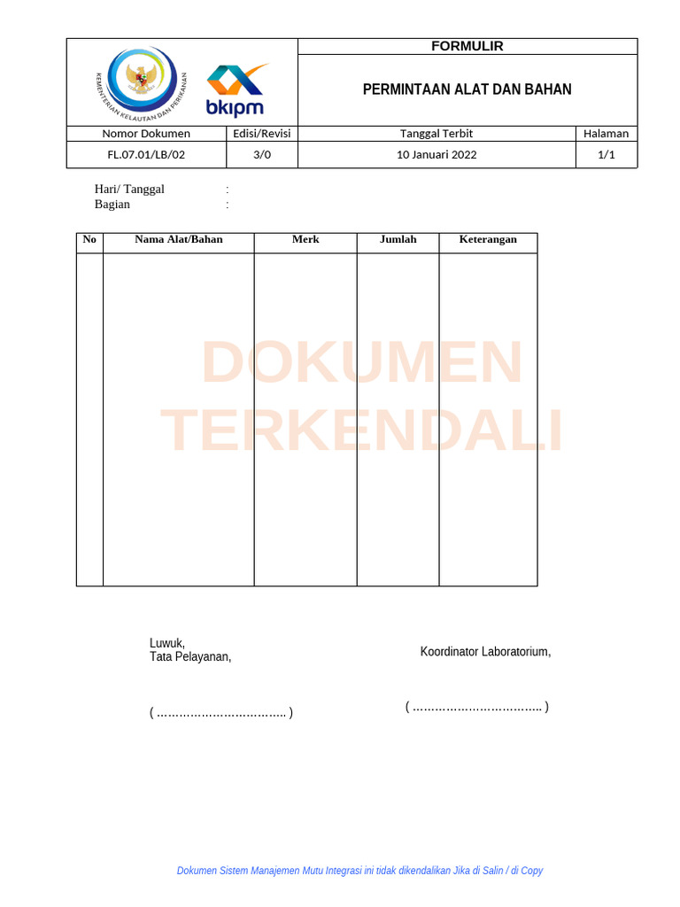 FL.07.01 LB 02 Form Permintaan Alat Dan Bahan | PDF