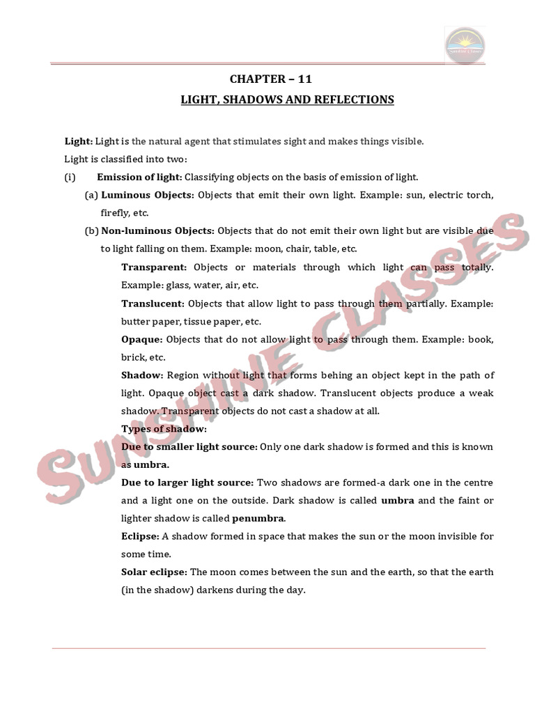 Class6 Science CH 11 Light Shadow and Reflections | PDF