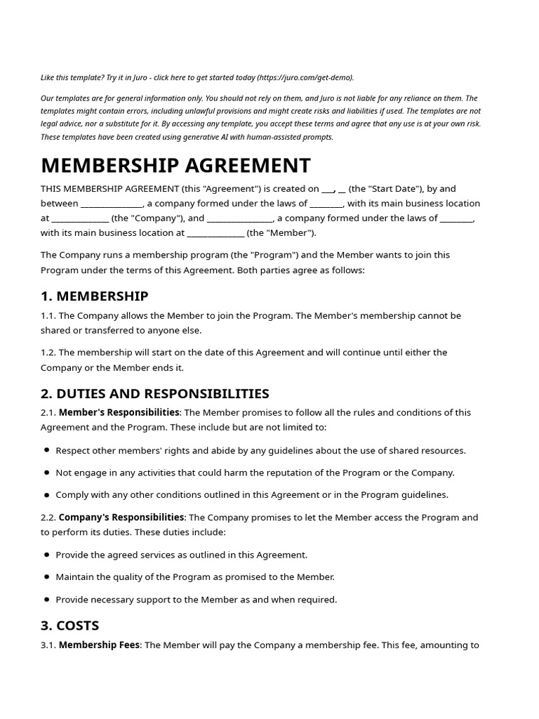Juro Membership Agreement Template | PDF | Indemnity | Private Law