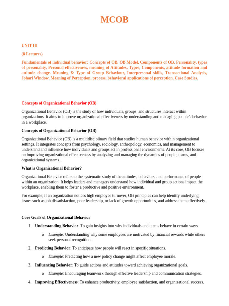 Unit 3 Notes MCOB | PDF | Attitude (Psychology) | Organizational Behavior